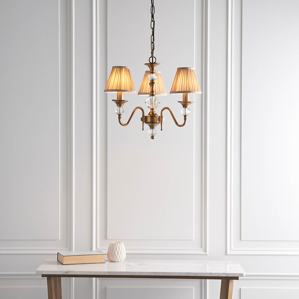Polina antique brass 3lt pendant & beige shades