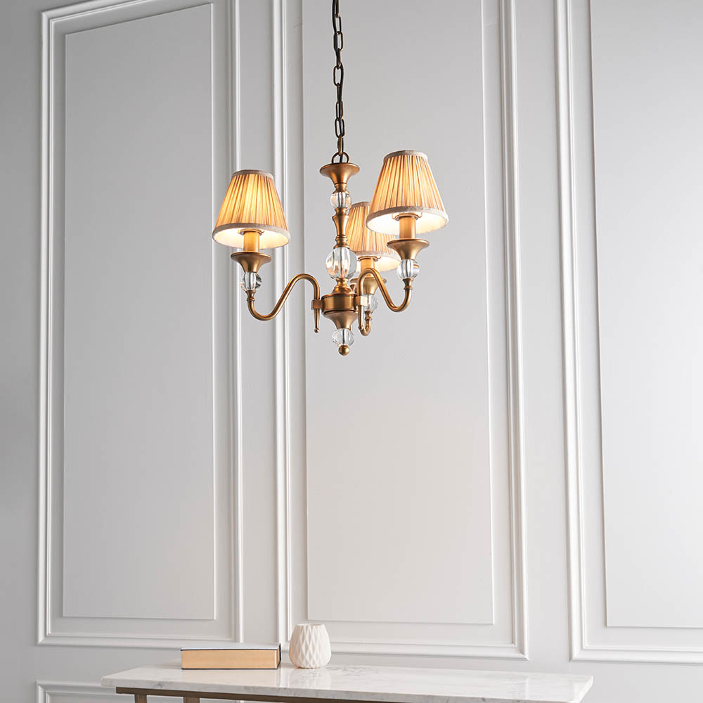 Polina antique brass 3lt pendant & beige shades