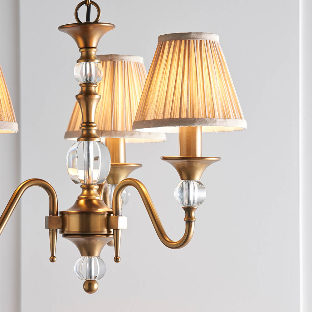 Polina antique brass 3lt pendant & beige shades