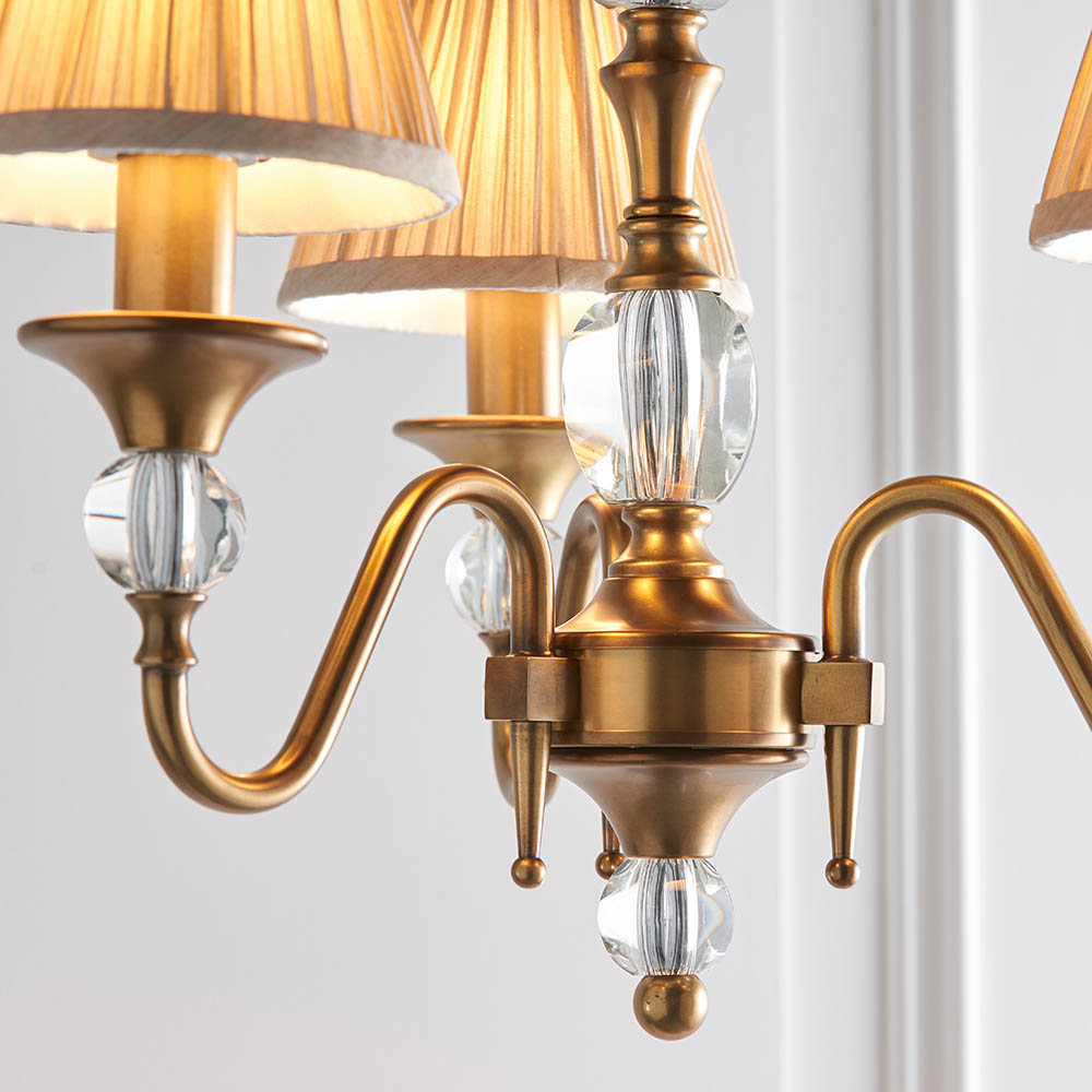 Polina antique brass 3lt pendant & beige shades